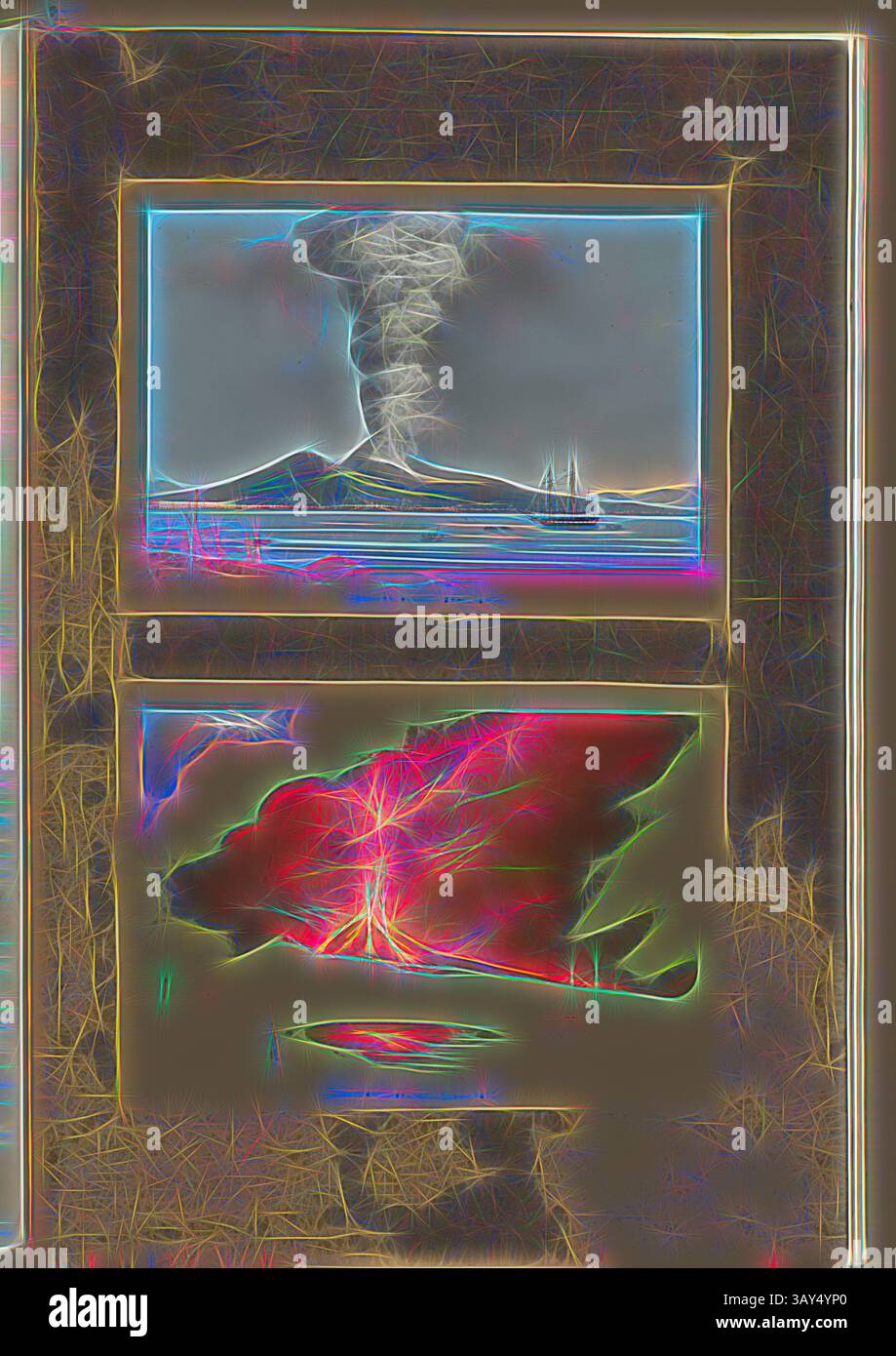 A surreal depiction of a landscape featuring a volcanic eruption in the ...