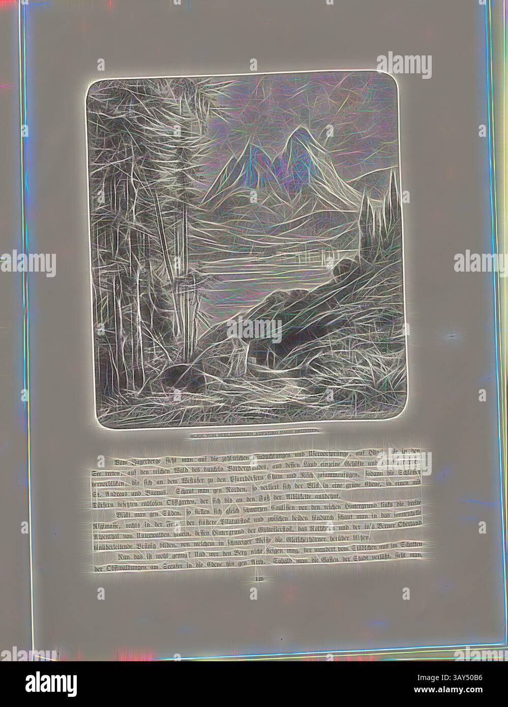 A serene landscape features towering mountains in the background, with ...