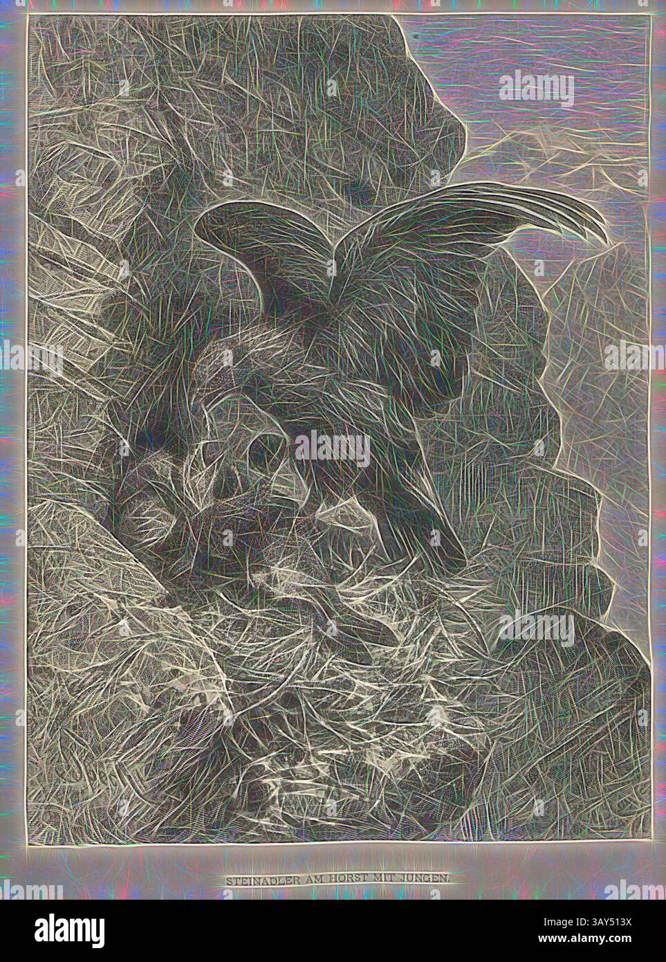 A stylized depiction of a majestic bird perched on a rocky outcrop, its ...