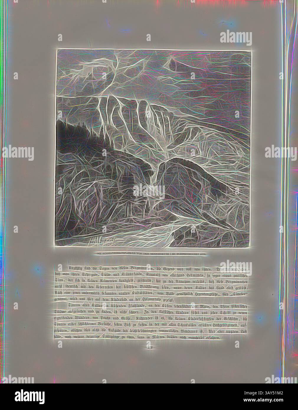 A stylized landscape featuring jagged mountains in the background, with ...