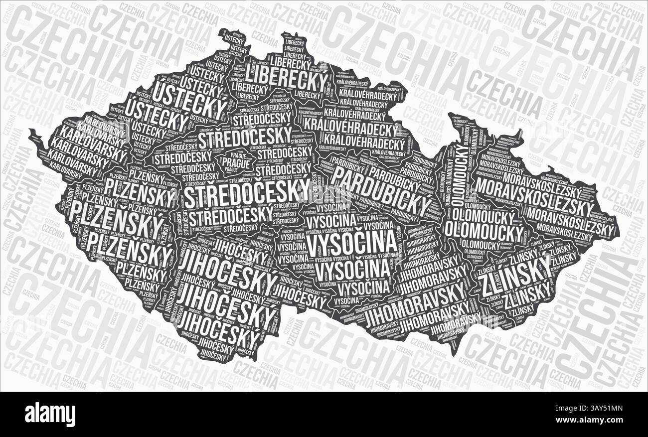 Czechia regions map word cloud. Czechia region names. Black and white ...