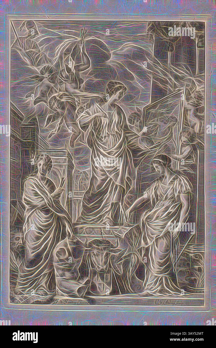 An intricate representation of three figures draped in flowing garments ...