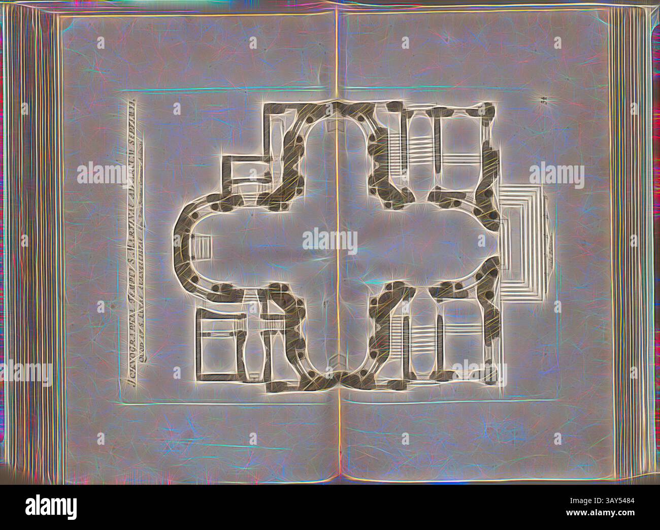 An intricate architectural plan showcases a symmetrical layout with a ...