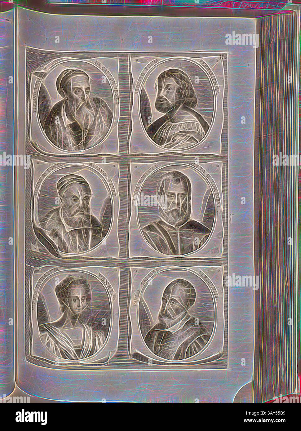 A collection of six historical portraits, each framed in a circular ...
