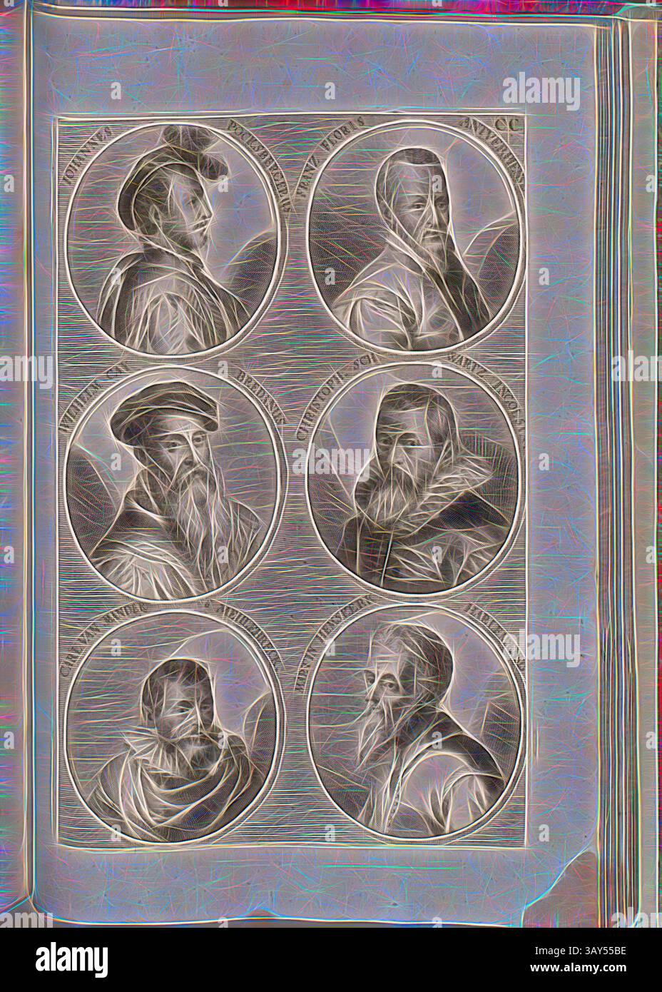 A collection of portraits depicting six distinguished figures from ...