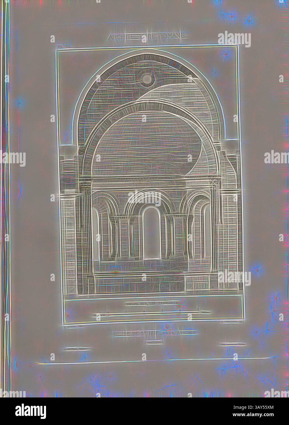 A stylized architectural drawing featuring a grand archway supported by ...