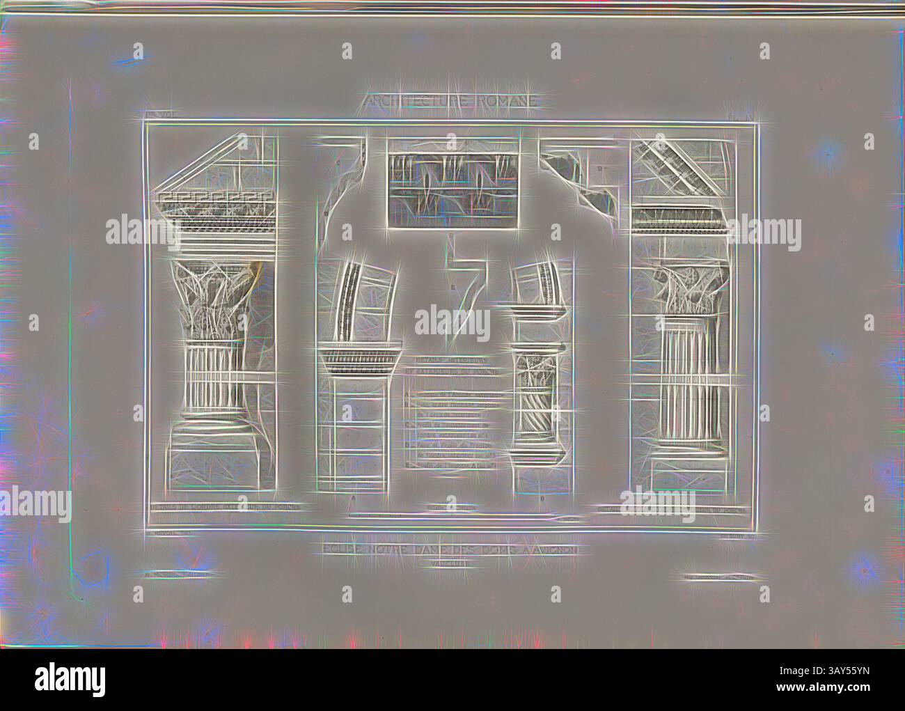 A detailed architectural illustration featuring classical Roman ...