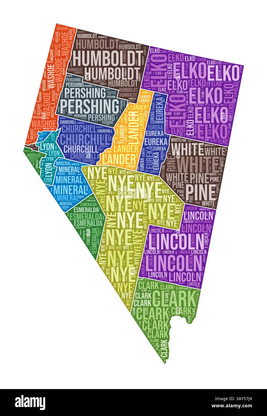 Nevada shape. State word cloud with county division. Nevada colored ...