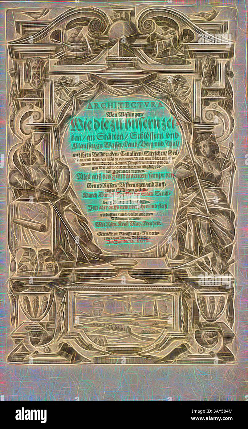 An ornate frame surrounds a central oval with intricate architectural ...