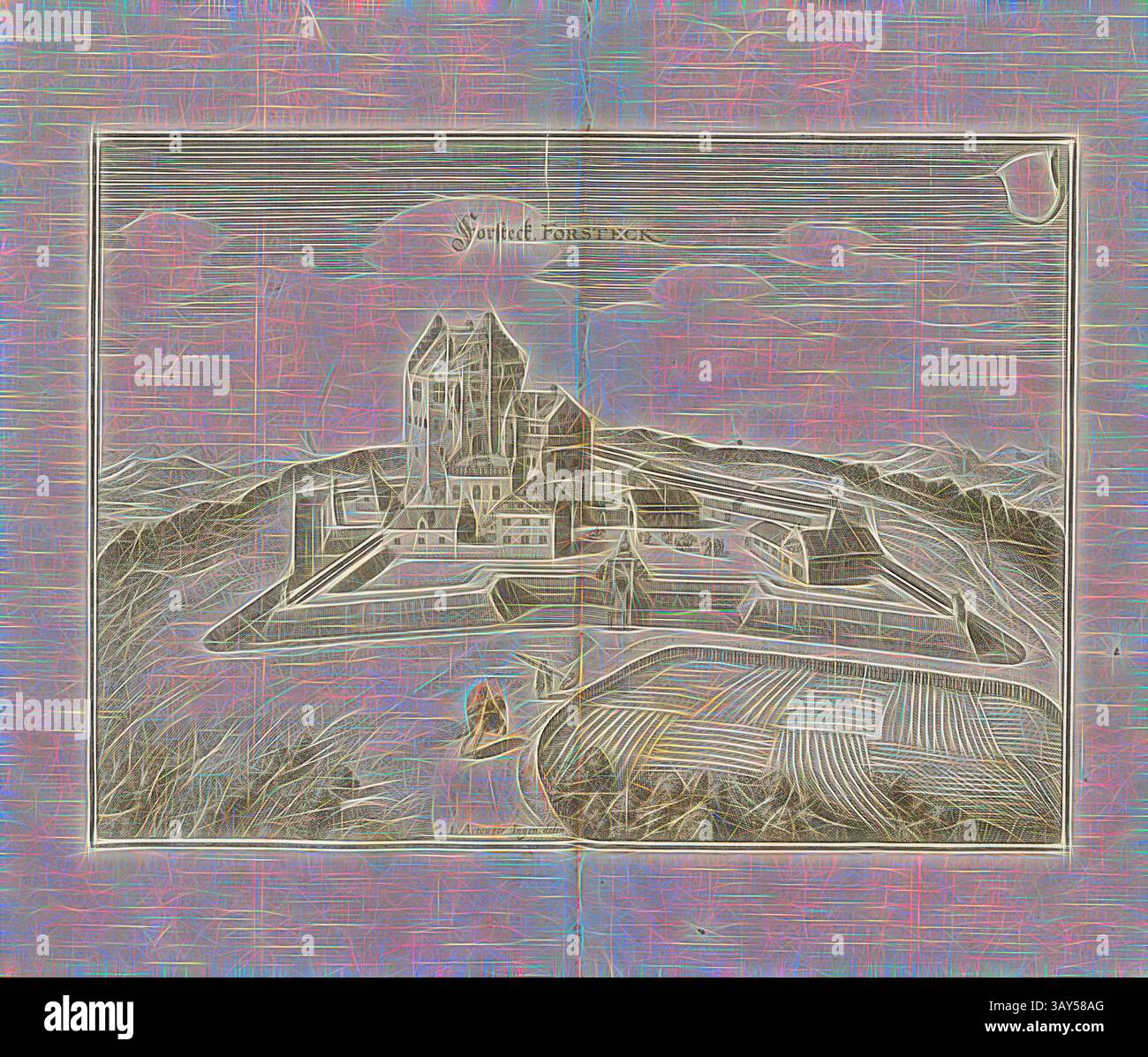 A stylized depiction of a medieval castle perched atop a hill ...