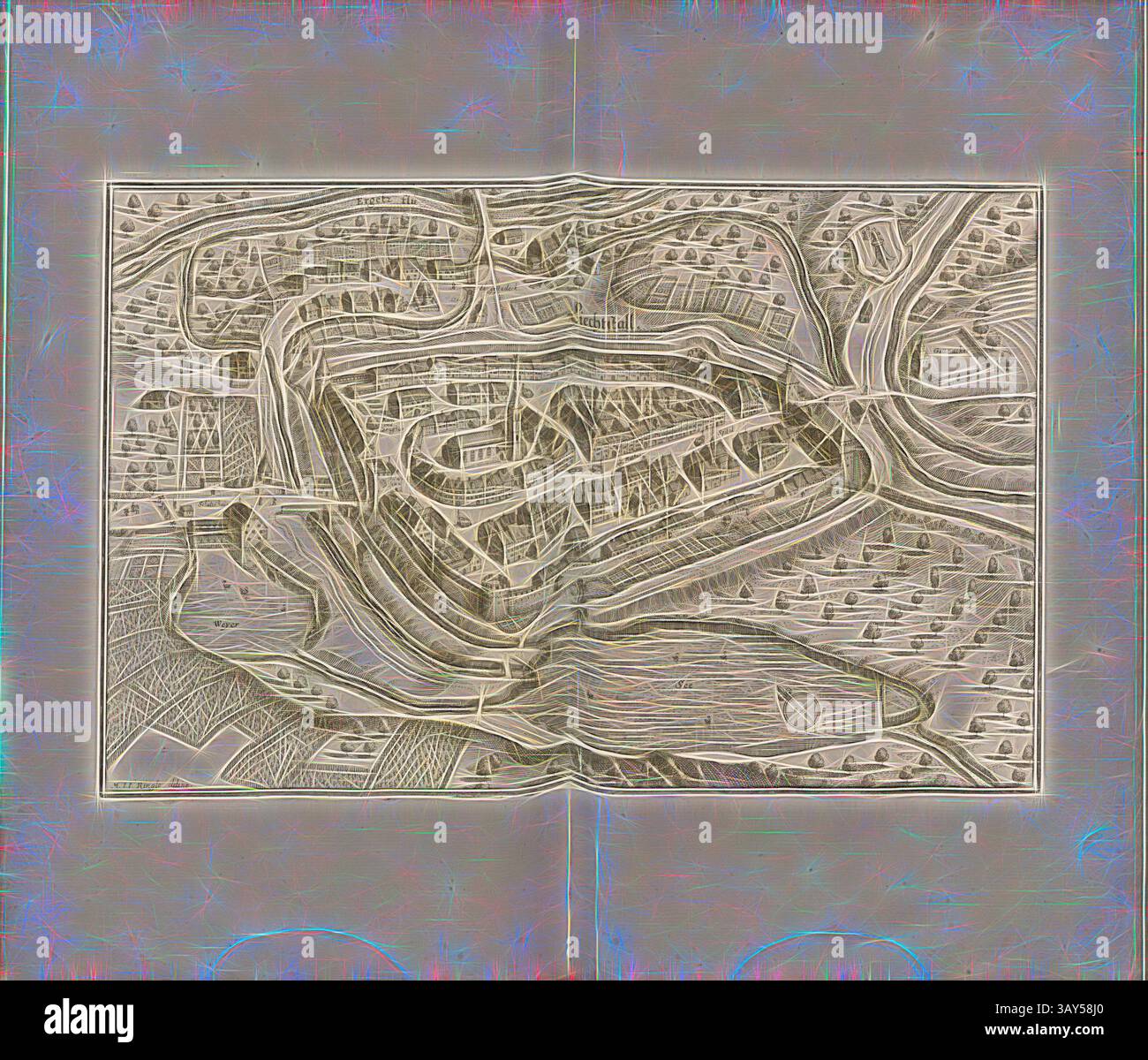 An intricately detailed aerial map of a historical town, featuring ...