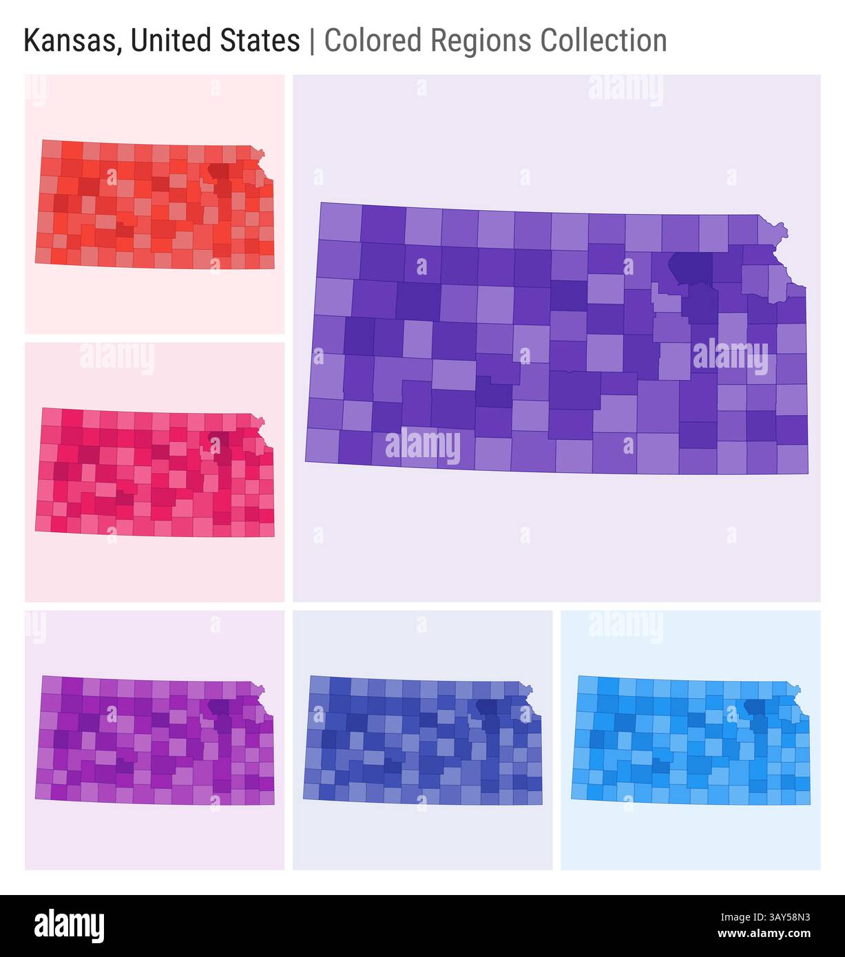 Kansas, United States. Map collection. State shape. Colored counties ...