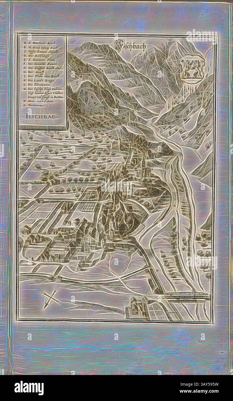 A detailed, antique map showcasing a valley landscape with a river ...