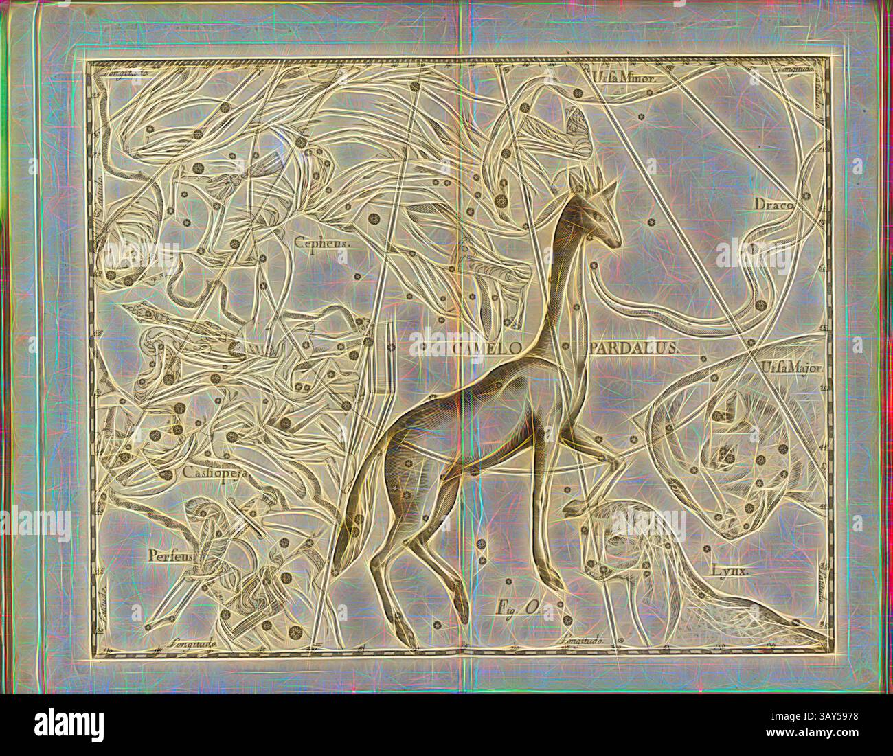 A celestial map depicting the constellation Camelopardalis, illustrated ...
