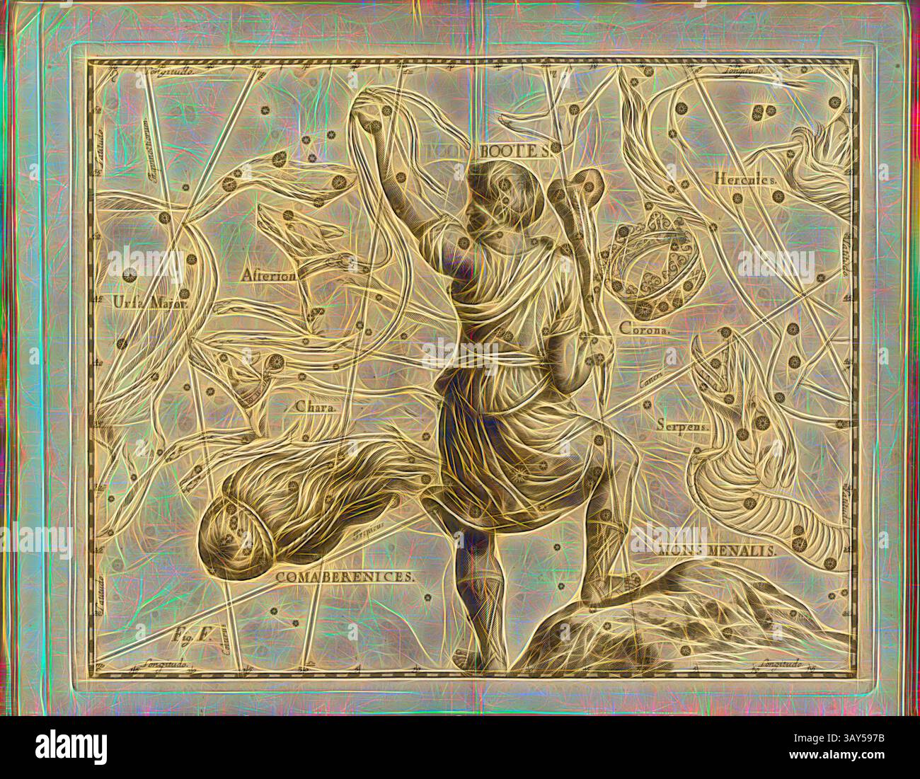 An ancient celestial map features the constellation Boötes, depicted ...