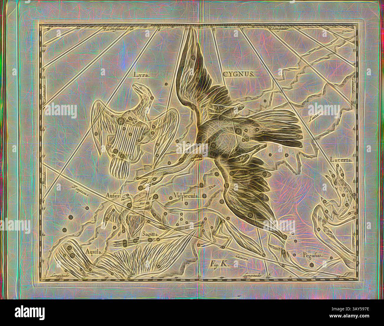 A detailed illustration depicting the constellation Cygnus, surrounded ...