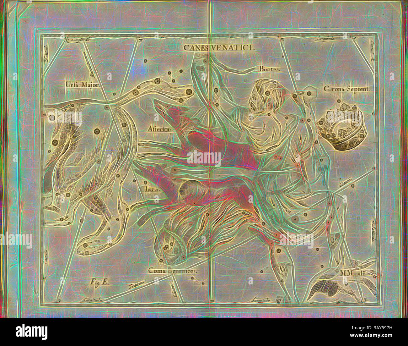 A celestial map depicting the constellation Canes Venatici, featuring ...