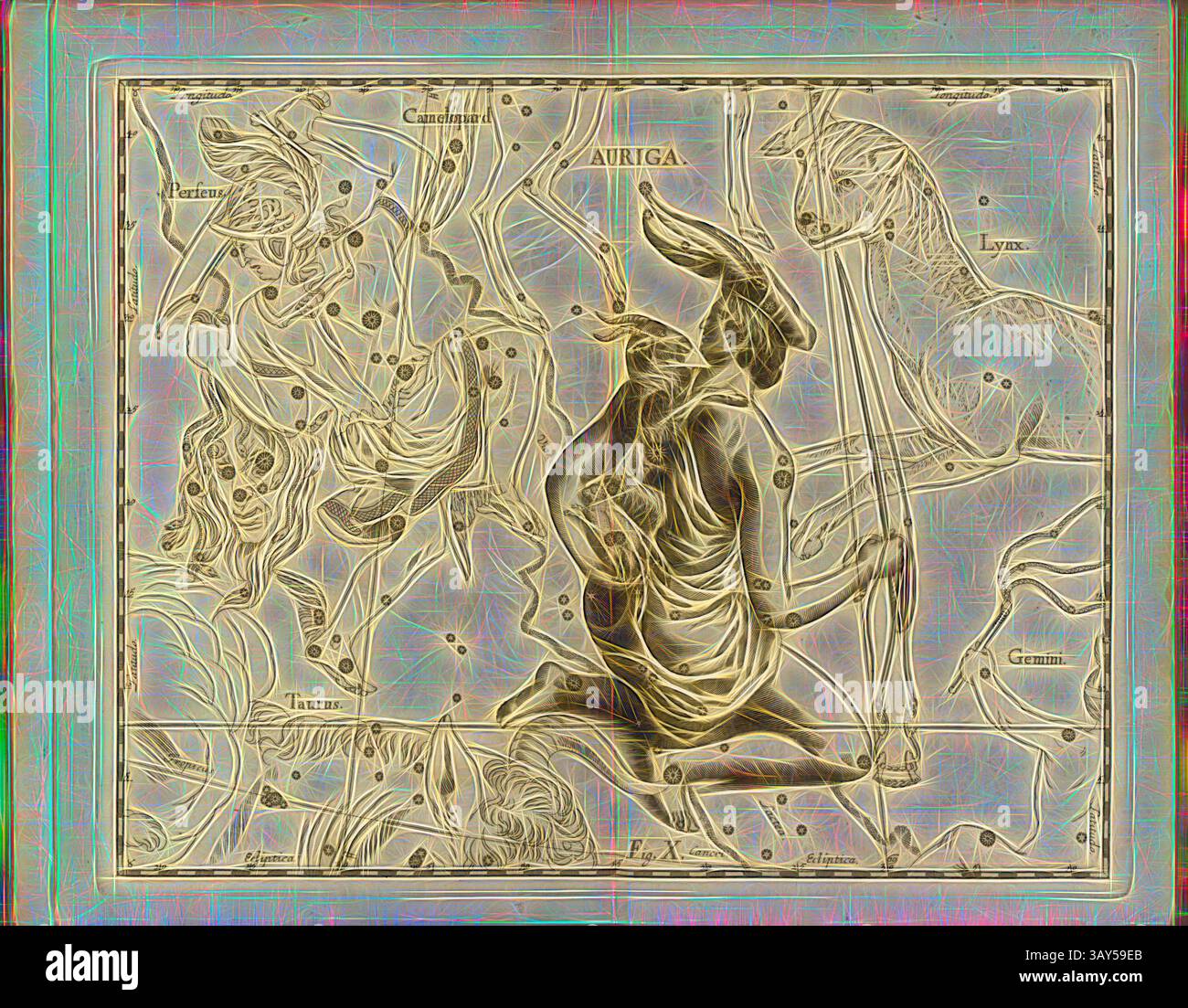 A celestial mapping depicts the constellation Auriga, featuring a ...