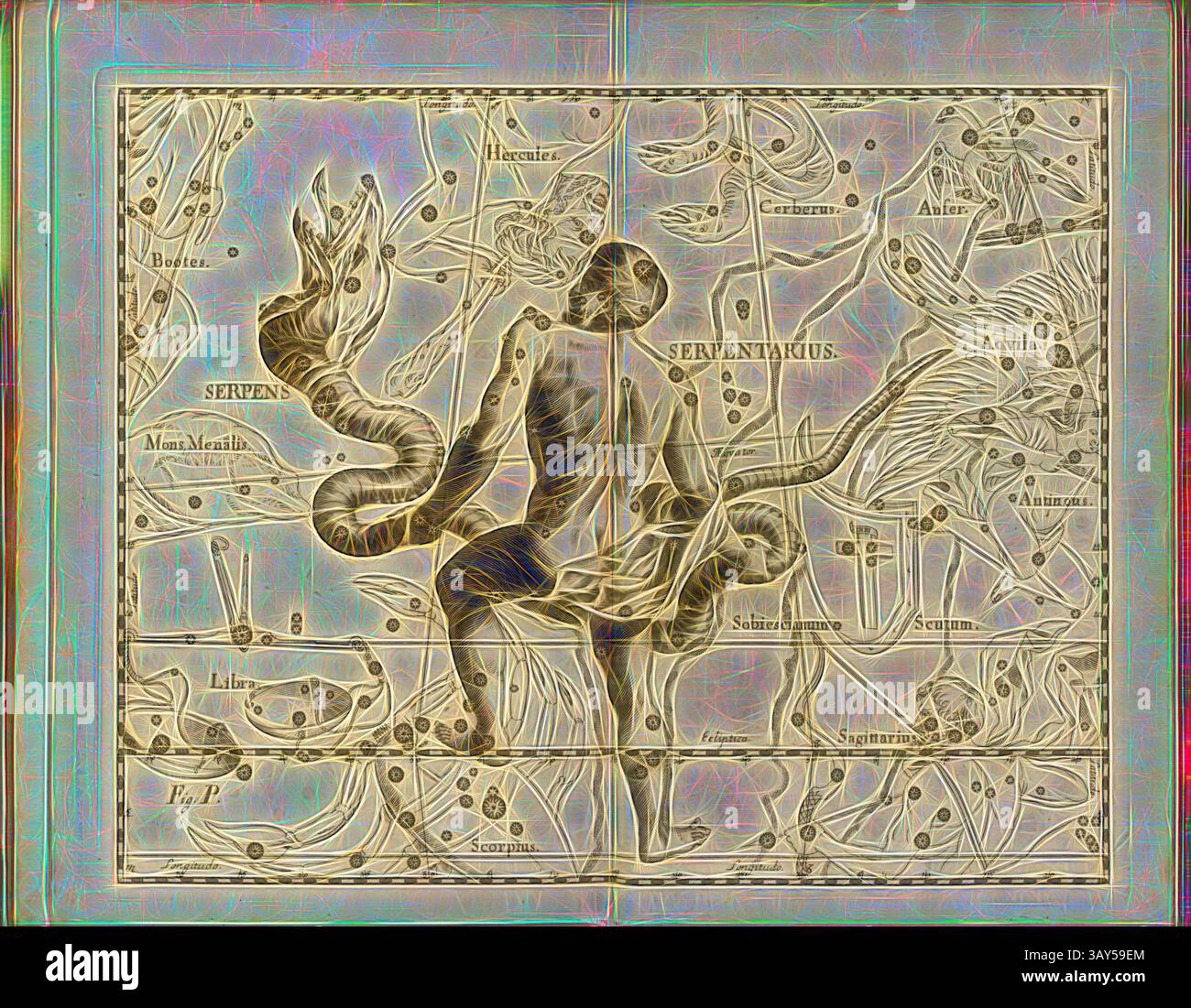 An intricate celestial map depicts various constellations, featuring ...