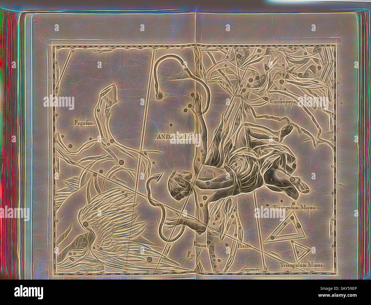 A celestial map depicting the Andromeda constellation alongside ...