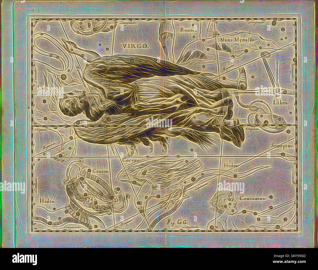 An artistic representation of a celestial chart, featuring various ...