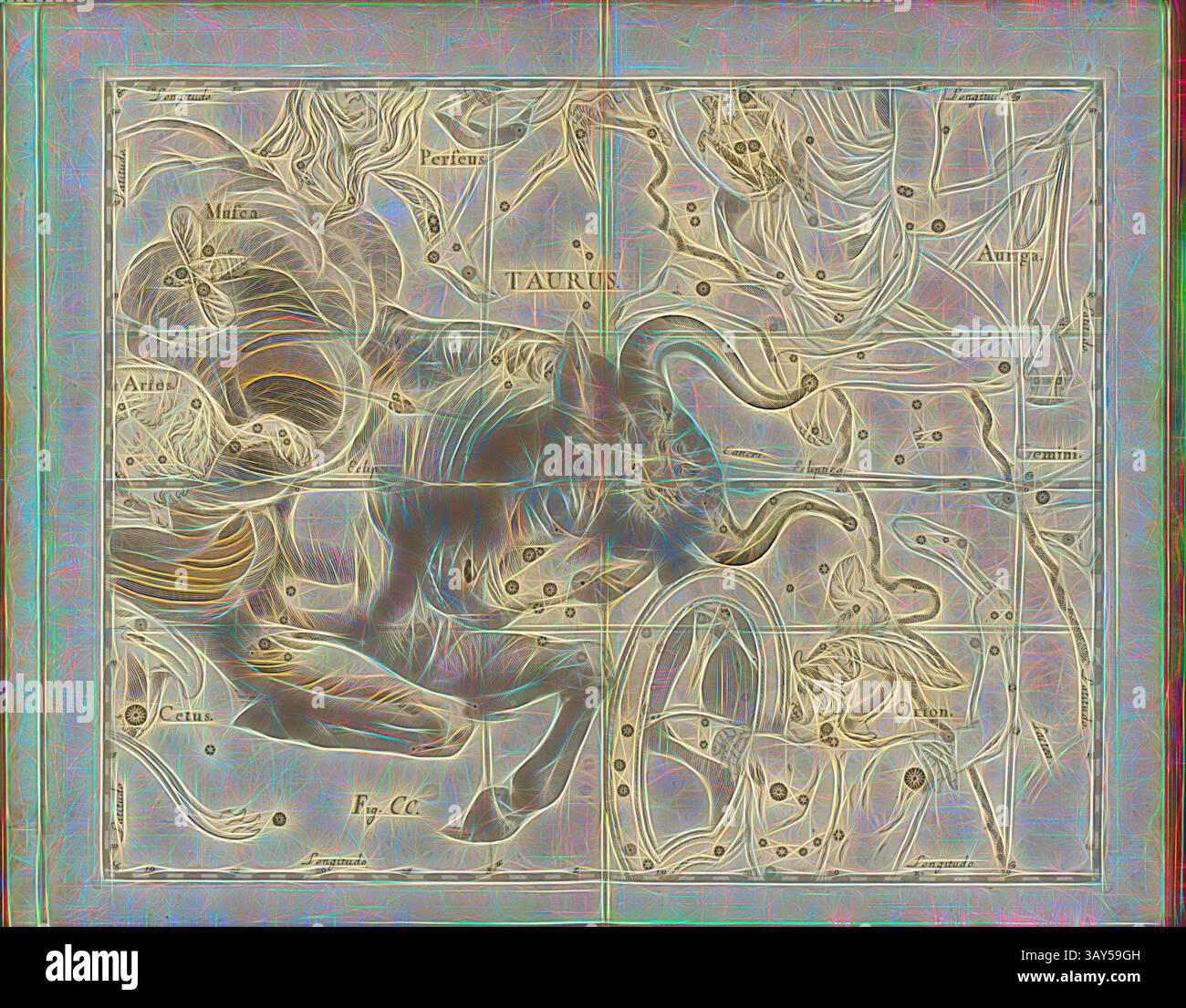 A detailed celestial map depicting the constellation Taurus, surrounded ...