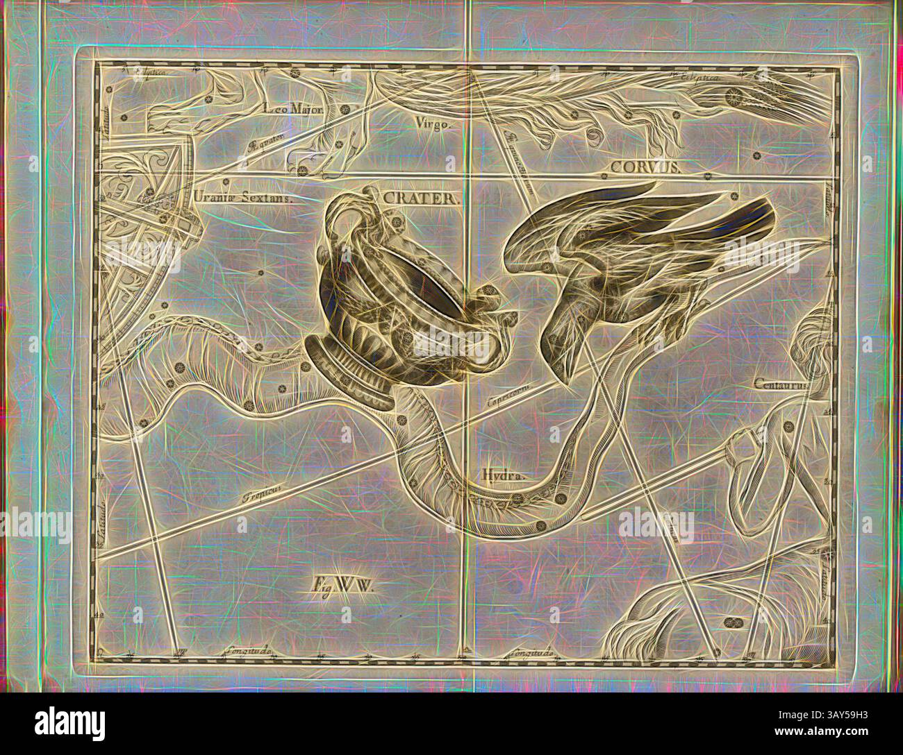 A detailed celestial map depicts various constellations, featuring an ...