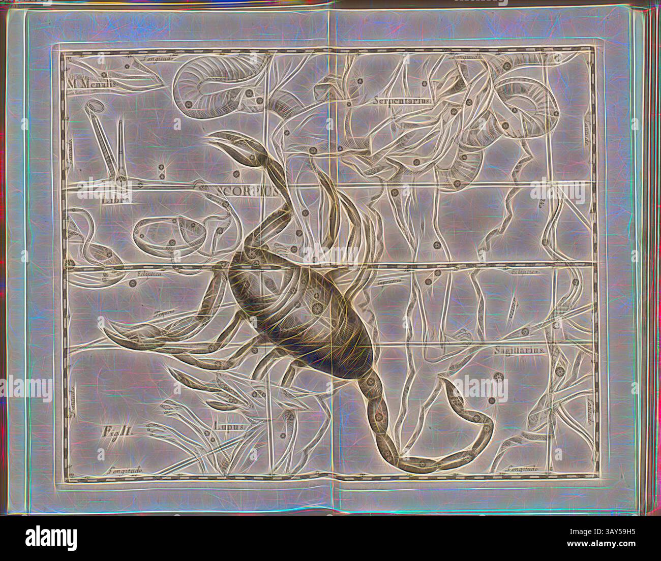 An intricate illustration of a scorpion amidst celestial maps ...