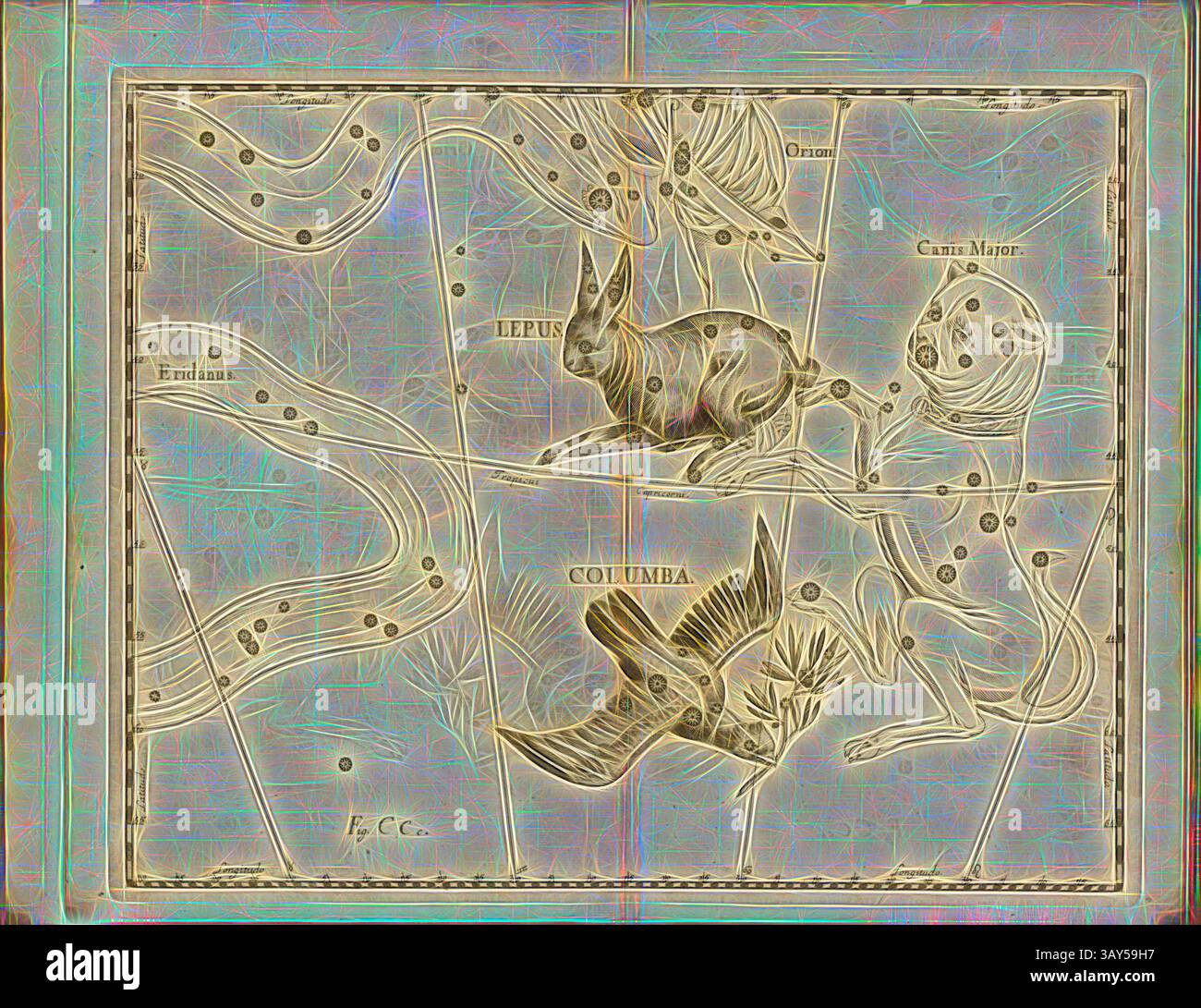 A celestial map featuring constellations such as Lepus, Columba, and ...