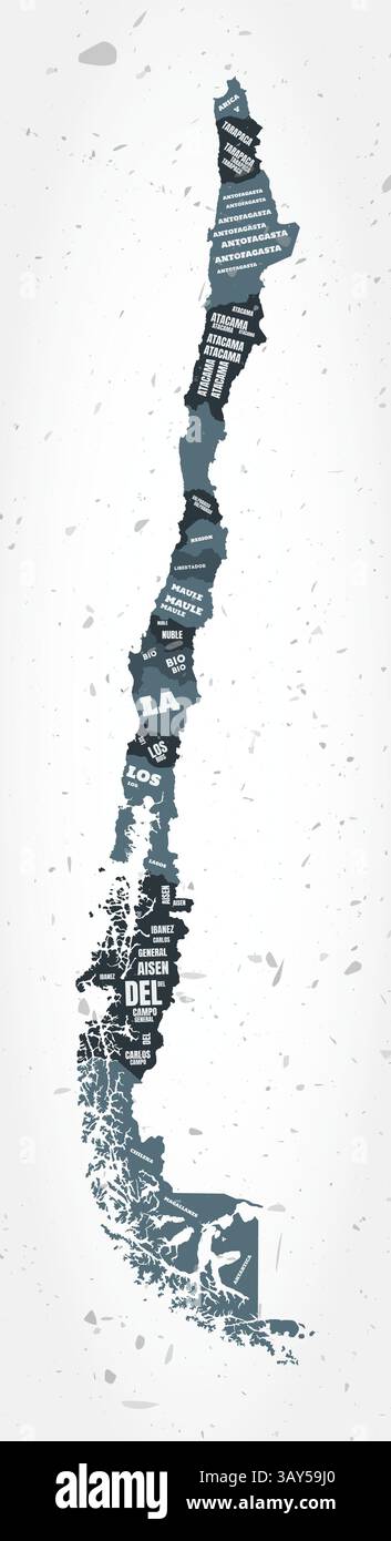 Chile regions word clouds. Country shape on textured background. Chile ...