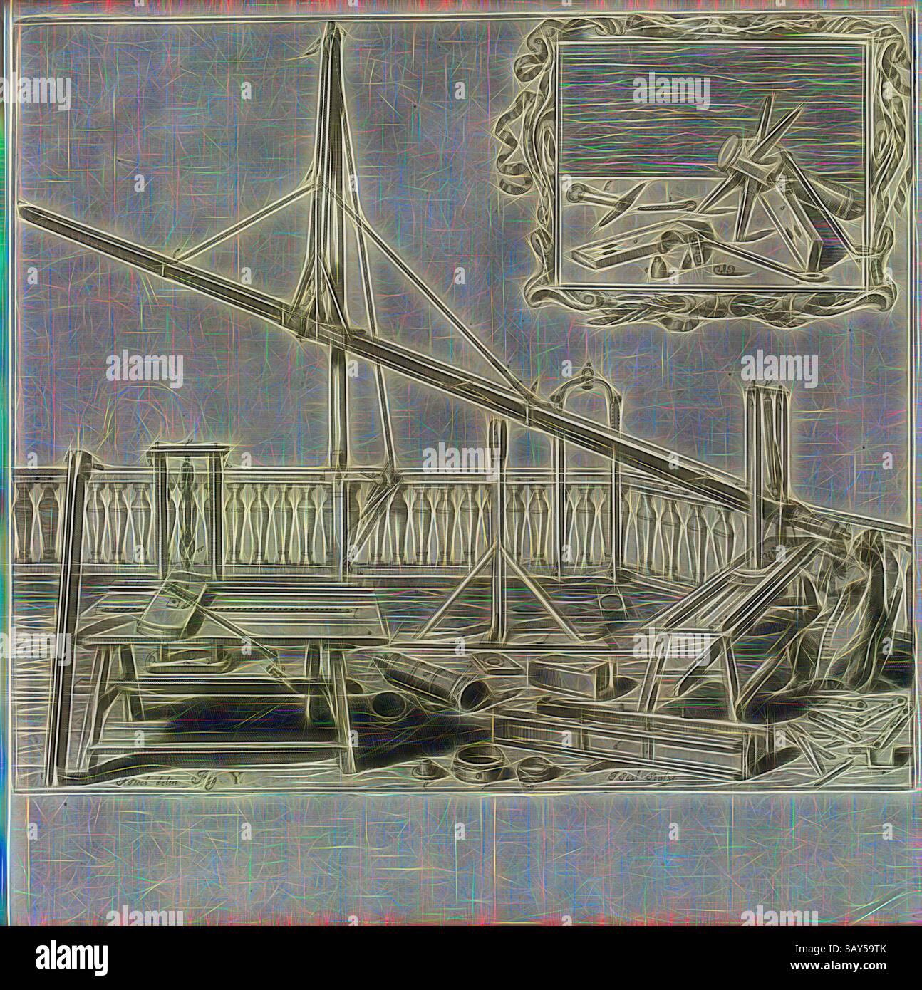 A scene showcasing a bridge under construction, with wooden scaffolding ...