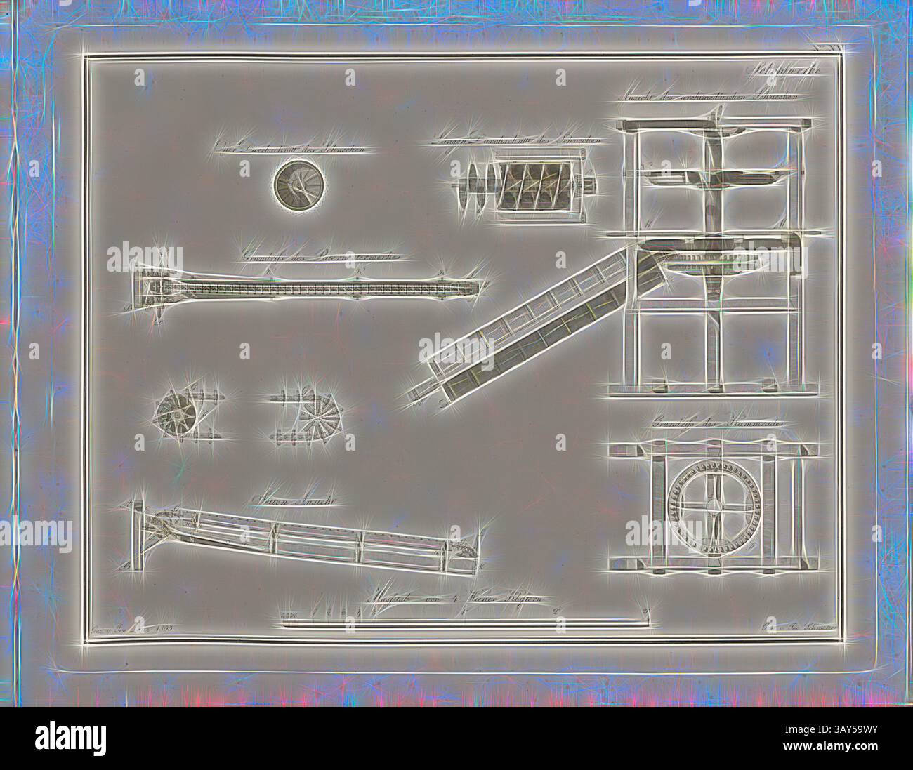 A collection of intricate technical drawings featuring various ...