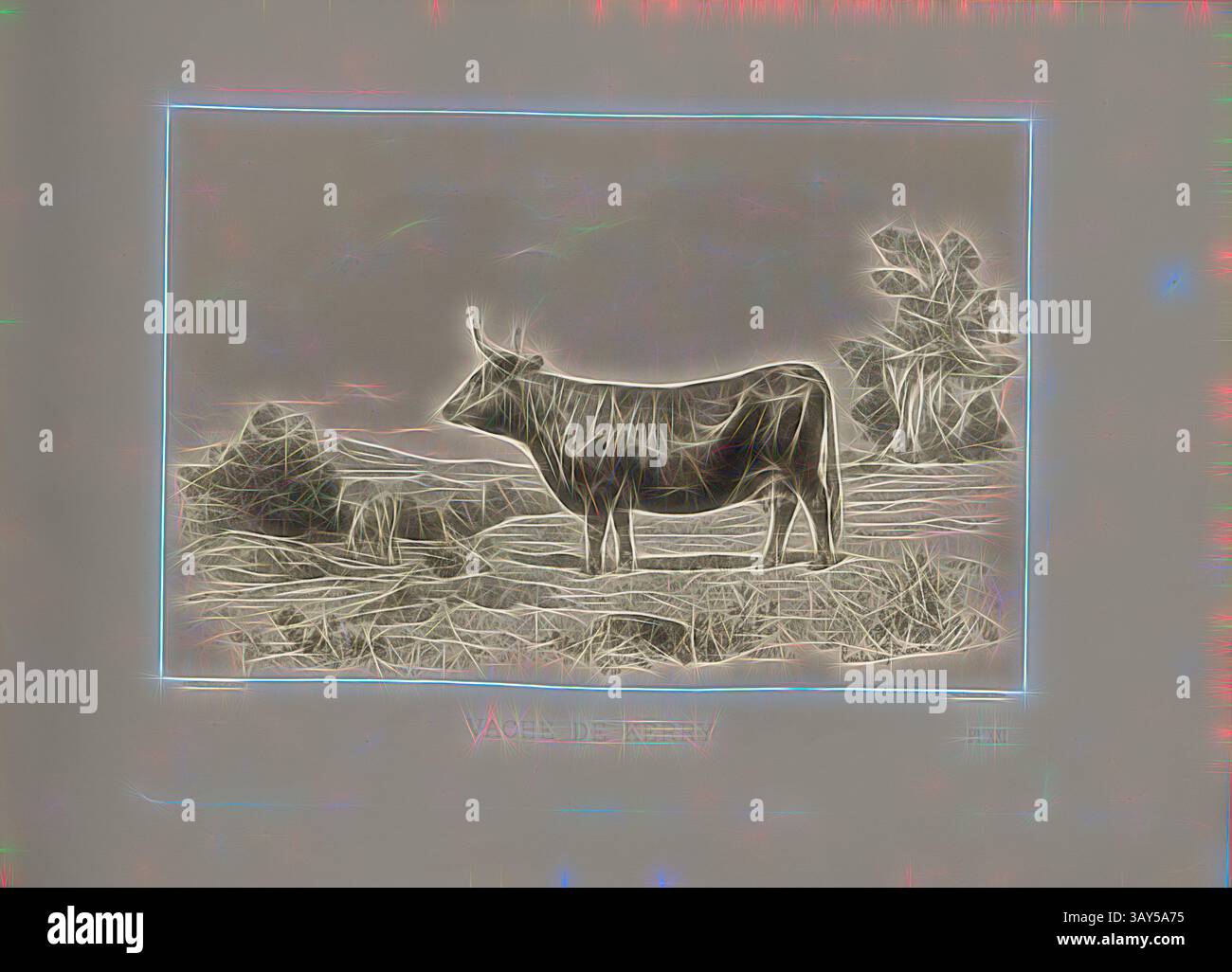 A stylized depiction of a solitary cow standing amidst a rugged ...