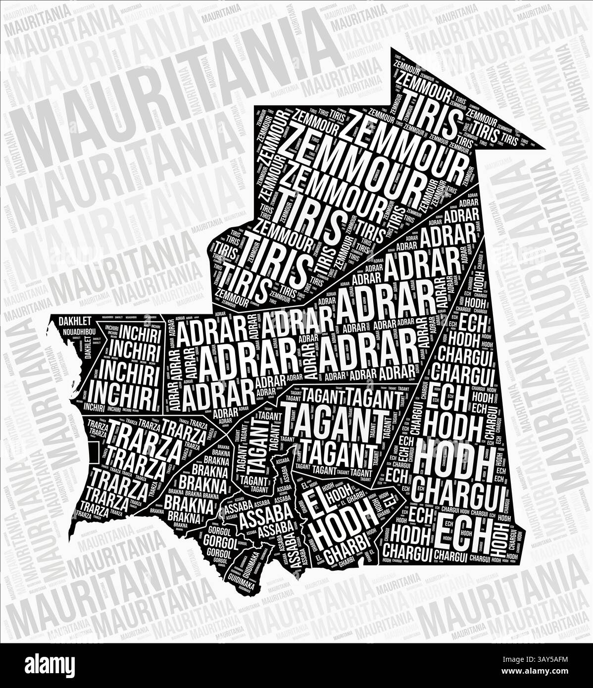 Mauritania regions map word cloud. Mauritania region names. Black and ...