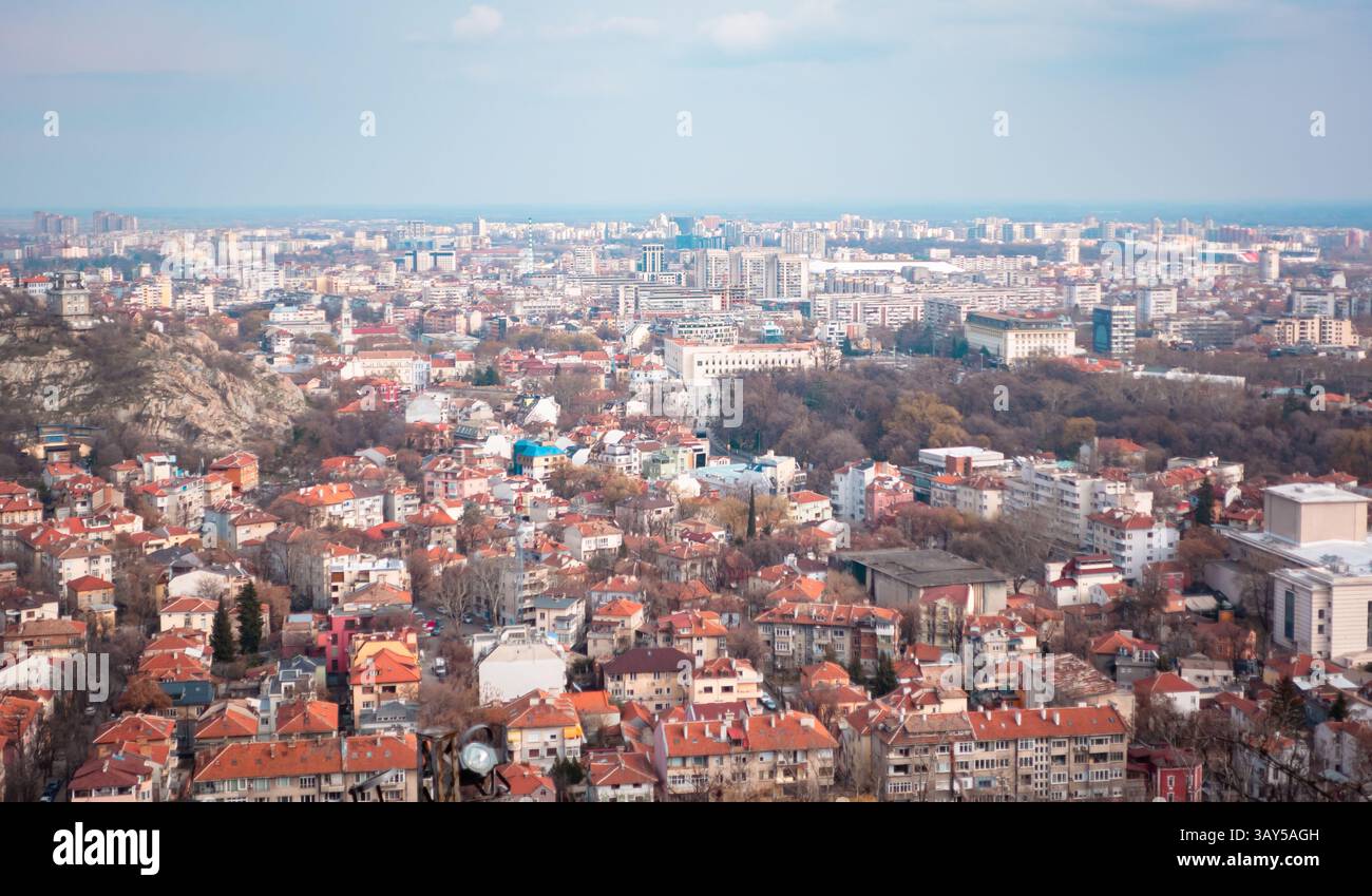 Panoramic aerial view of central Plovdiv, Bulgaria seen from Soviet Soldier Alyosha Monument ...
