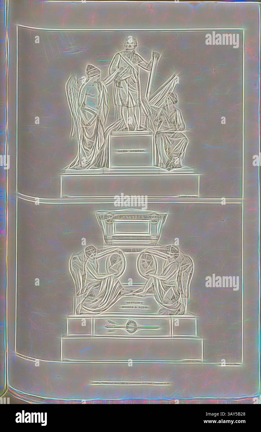 A detailed artistic rendering showcases two statues, each depicting ...