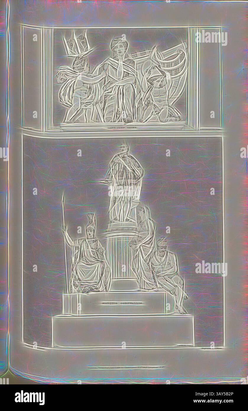 A stylized depiction of a grand monument featuring a central figure ...