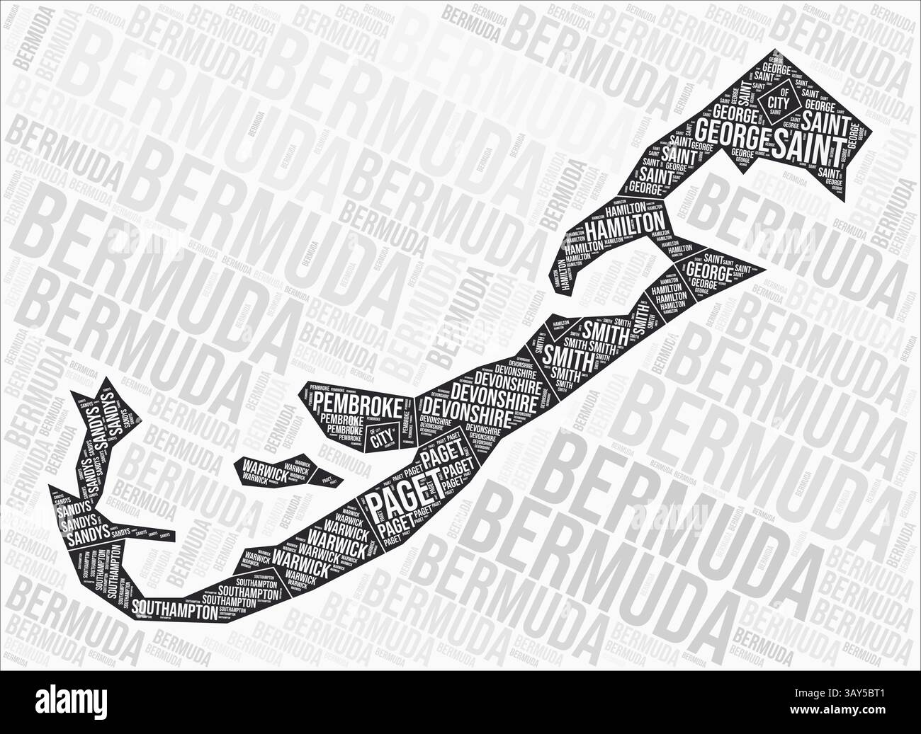 Bermuda regions map word cloud. Bermuda region names. Black and white ...
