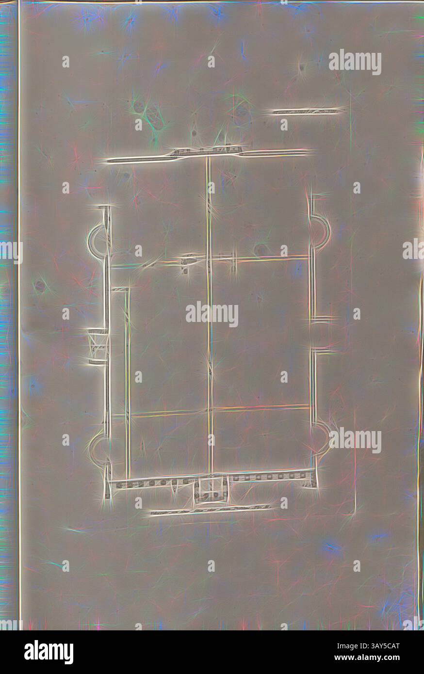 A detailed architectural blueprint featuring a symmetrical layout ...