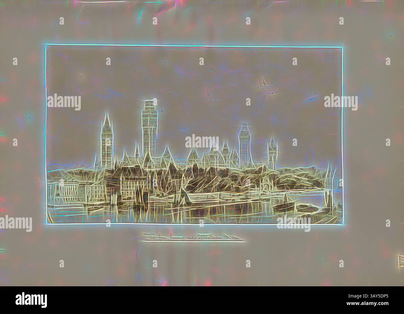 A stylized skyline featuring a blend of architectural structures ...