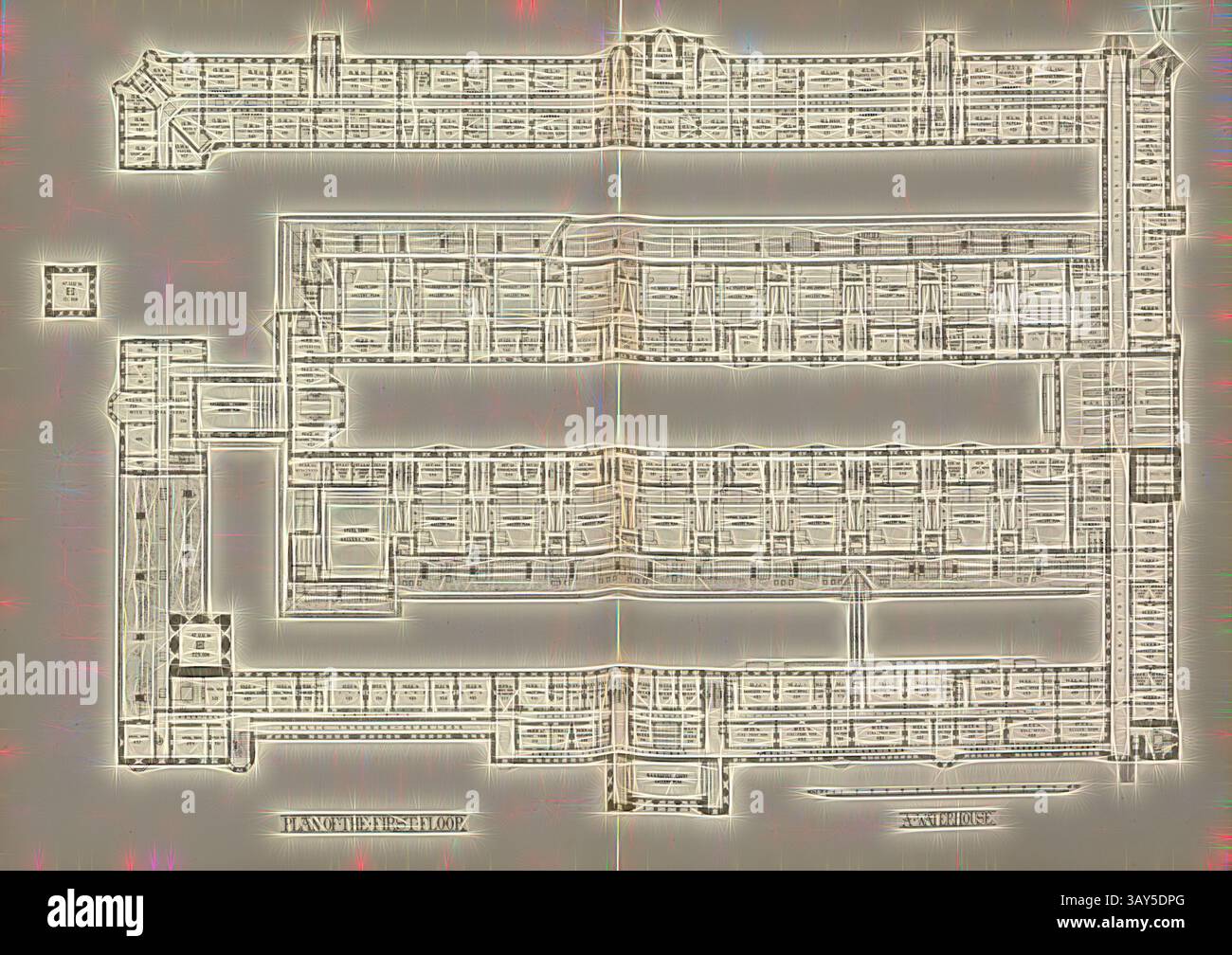 A detailed architectural blueprint featuring a grid layout with ...