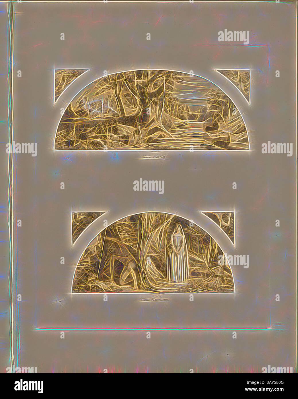 A stylized depiction of two arched frames, each containing an ethereal ...