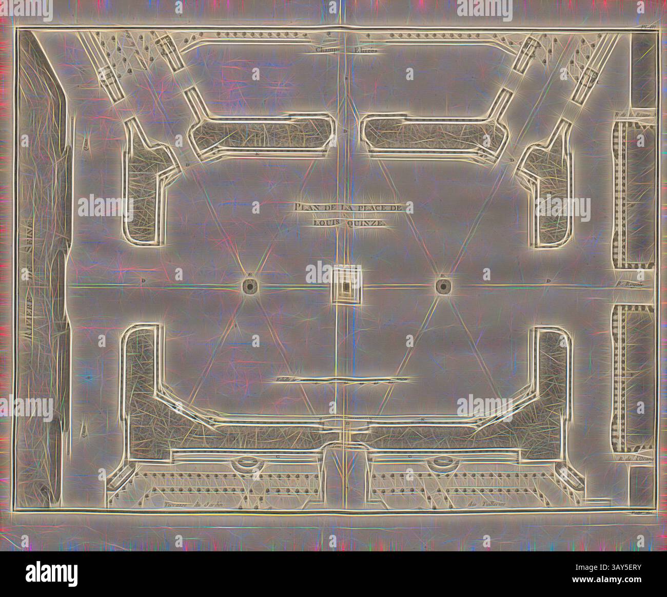 A stylized aerial view of a geometric layout featuring a central square ...