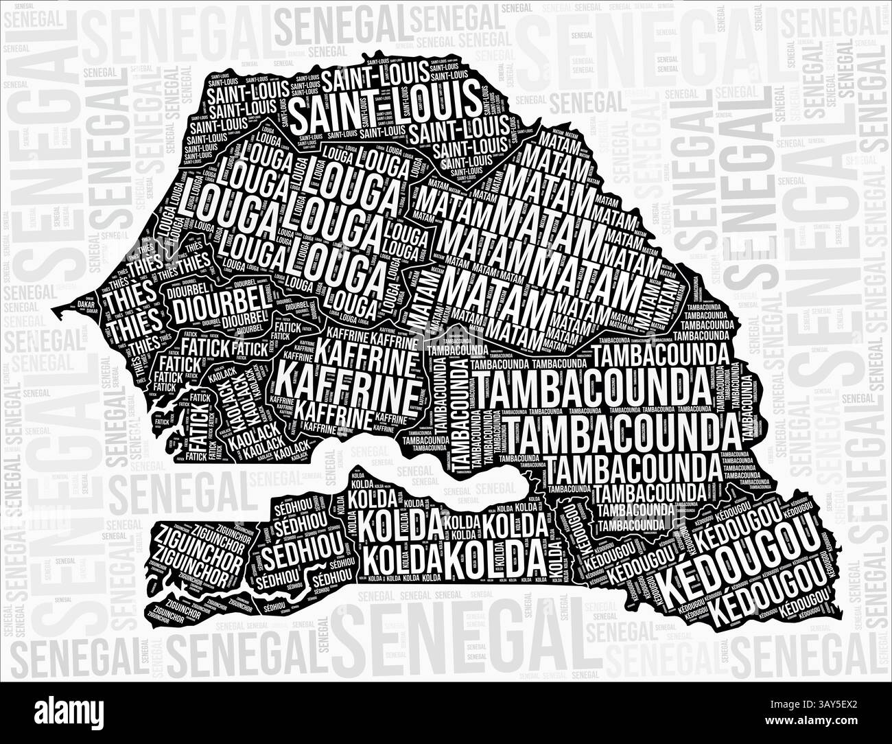 Senegal regions map word cloud. Senegal region names. Black and white ...