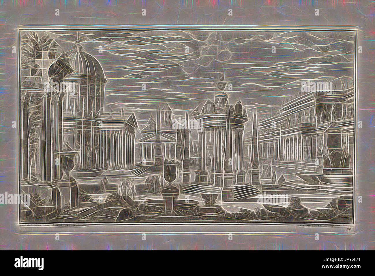 An intricate scene depicting a grand architectural landscape, featuring ...