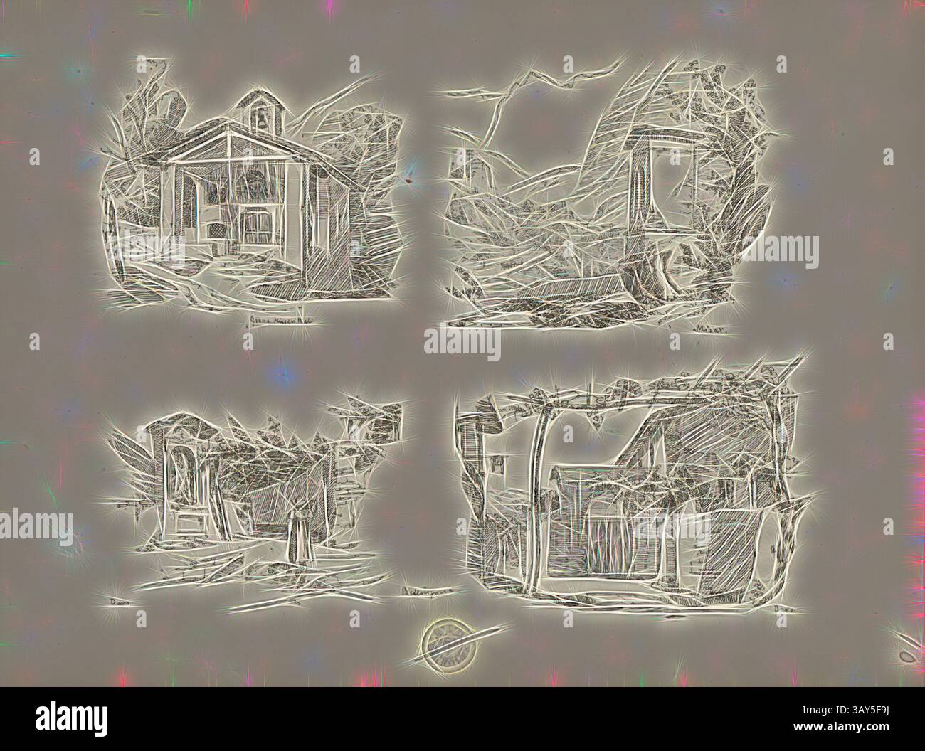 A series of abstract depictions showcasing the remnants of various ...