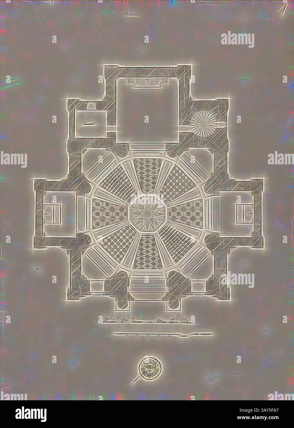 A detailed architectural plan featuring a circular layout with ...