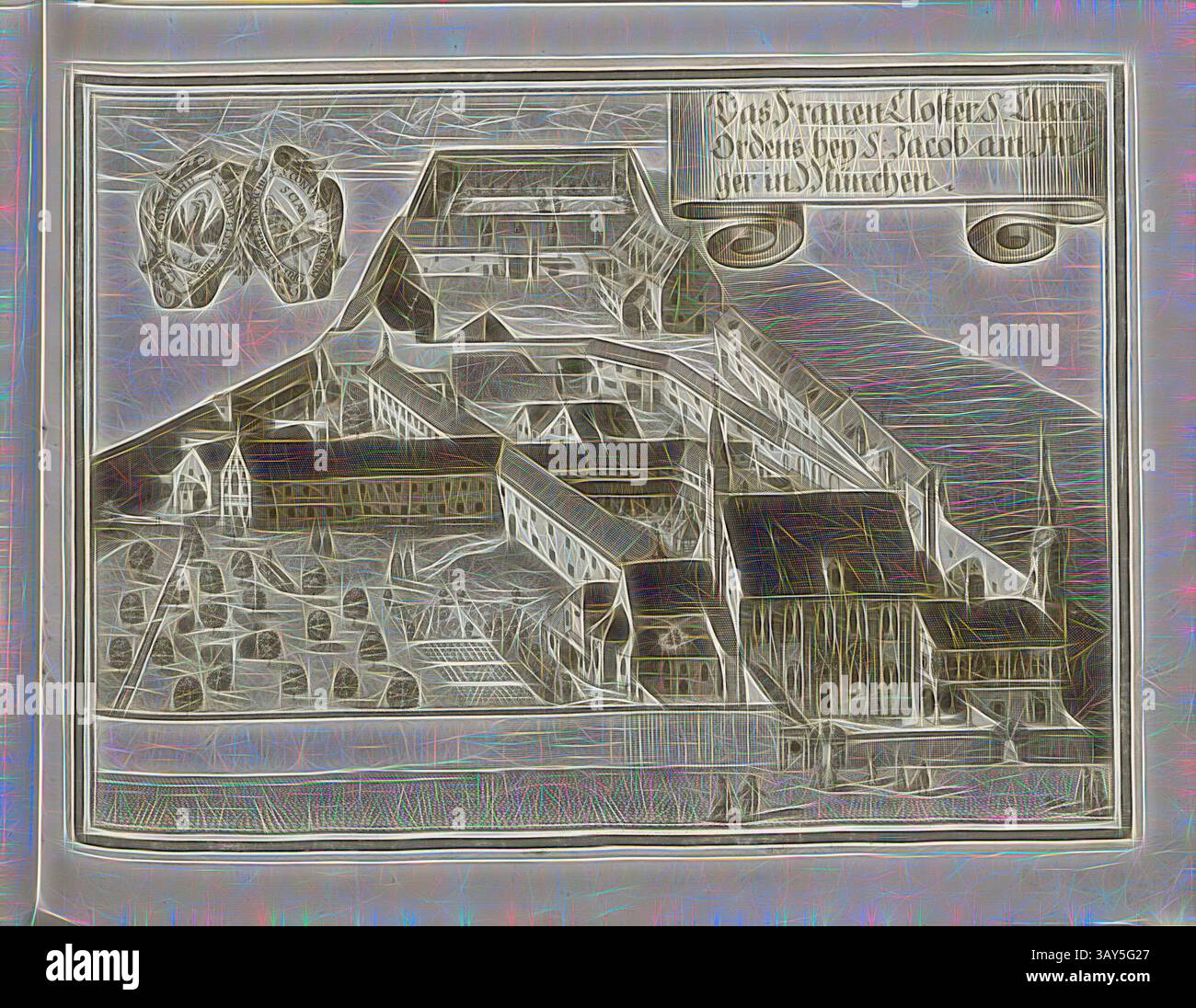 An intricately detailed depiction of a large fortress or monastic ...