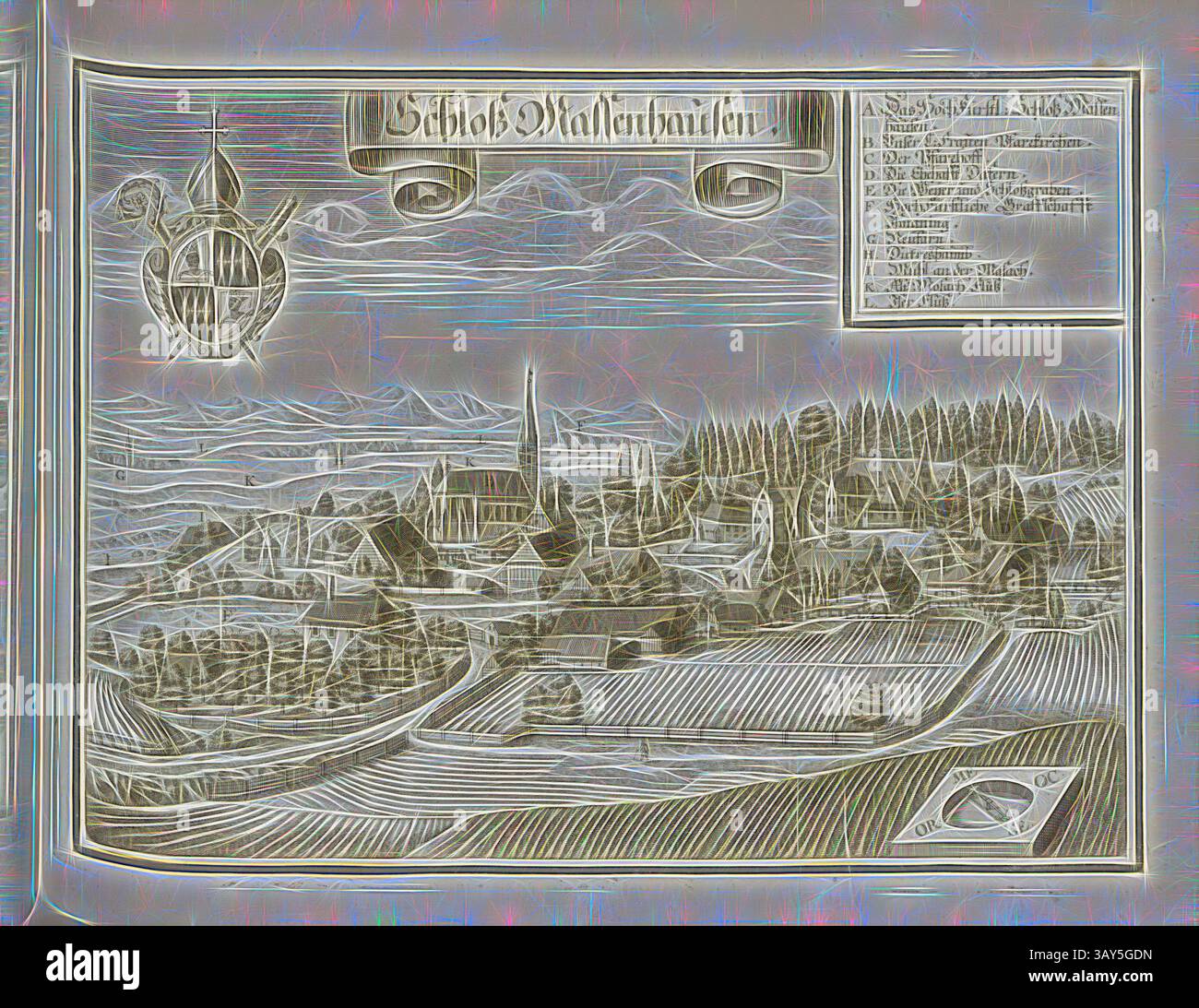 A detailed landscape illustration depicting a quaint village surrounded ...
