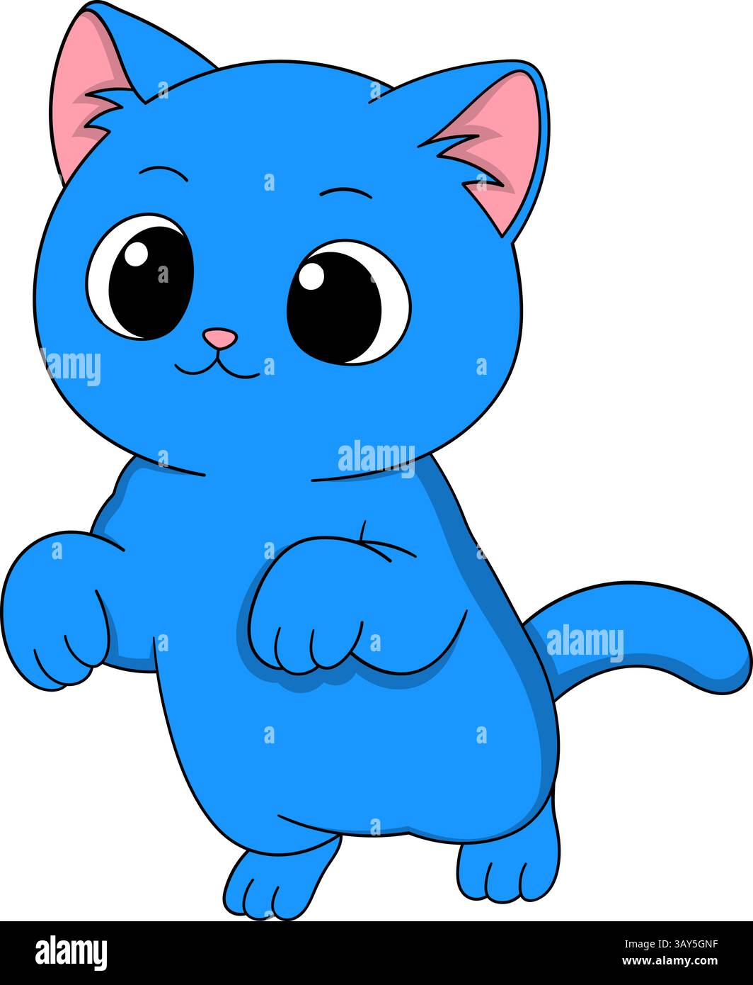 Adorable cartoon illustration of a blue cat standing on two legs with a ...